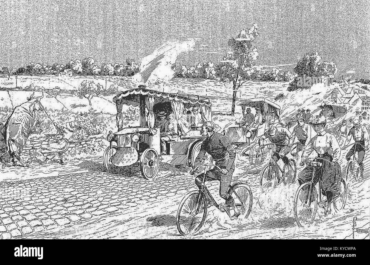 A historical photograph from the 1894 Paris–Rouen motor race, showing ...