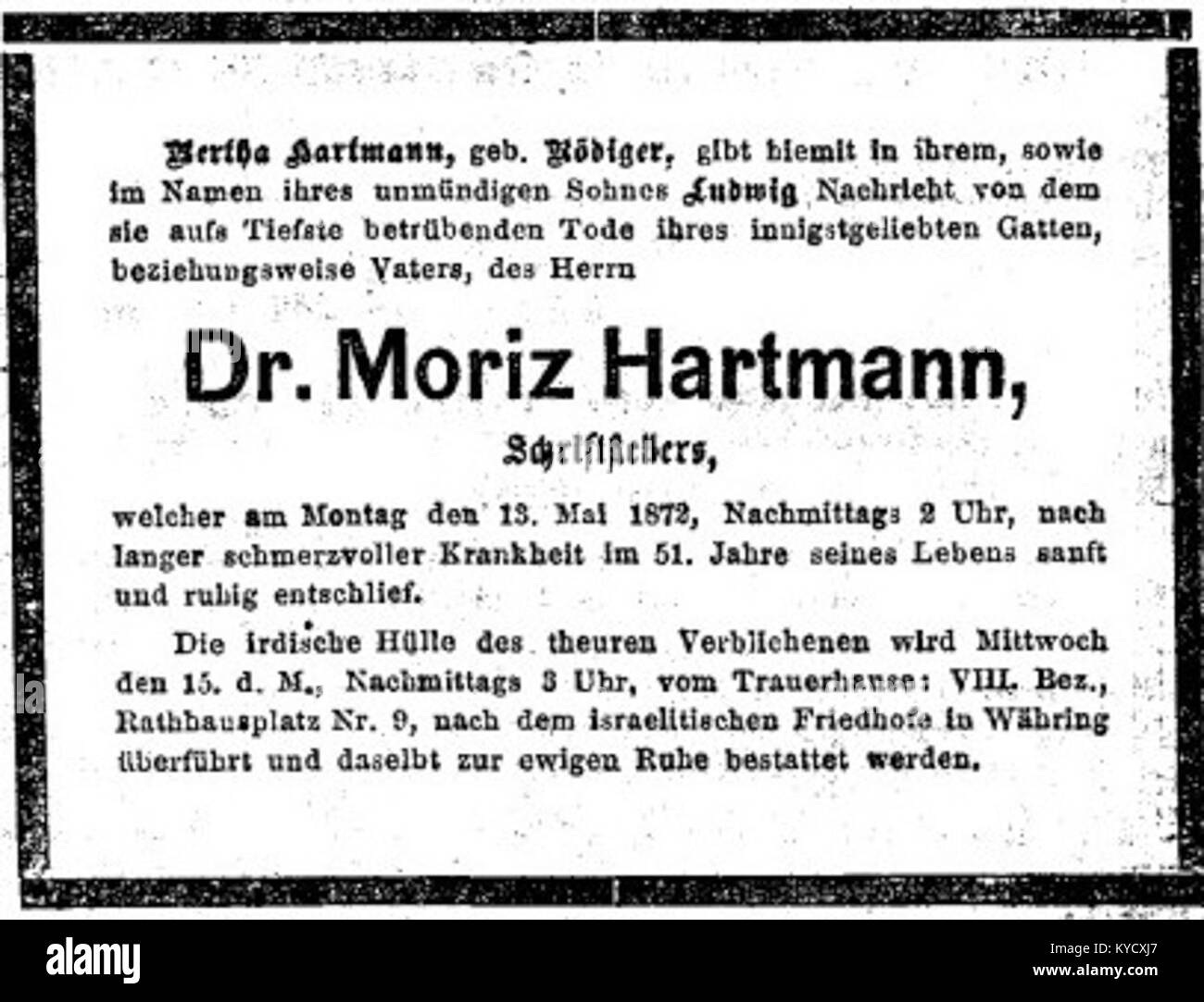 A section of Moritz Hartmann's publication from May 14, 1872, in the Vienna newspaper 'Die ...