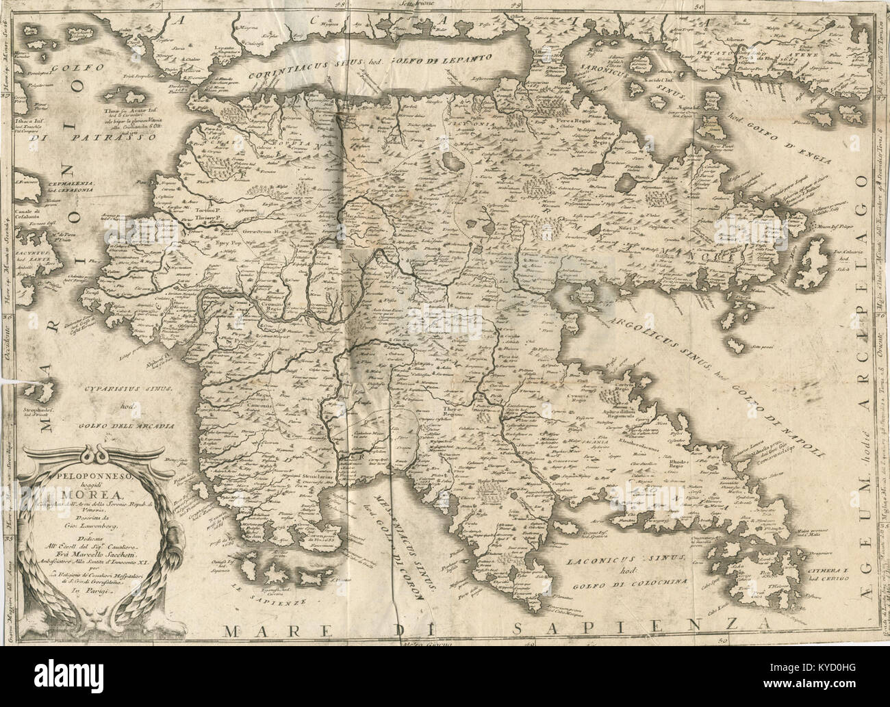 The 1688 map by cartographer Vincenzo Coronelli depicts the Peloponnese ...