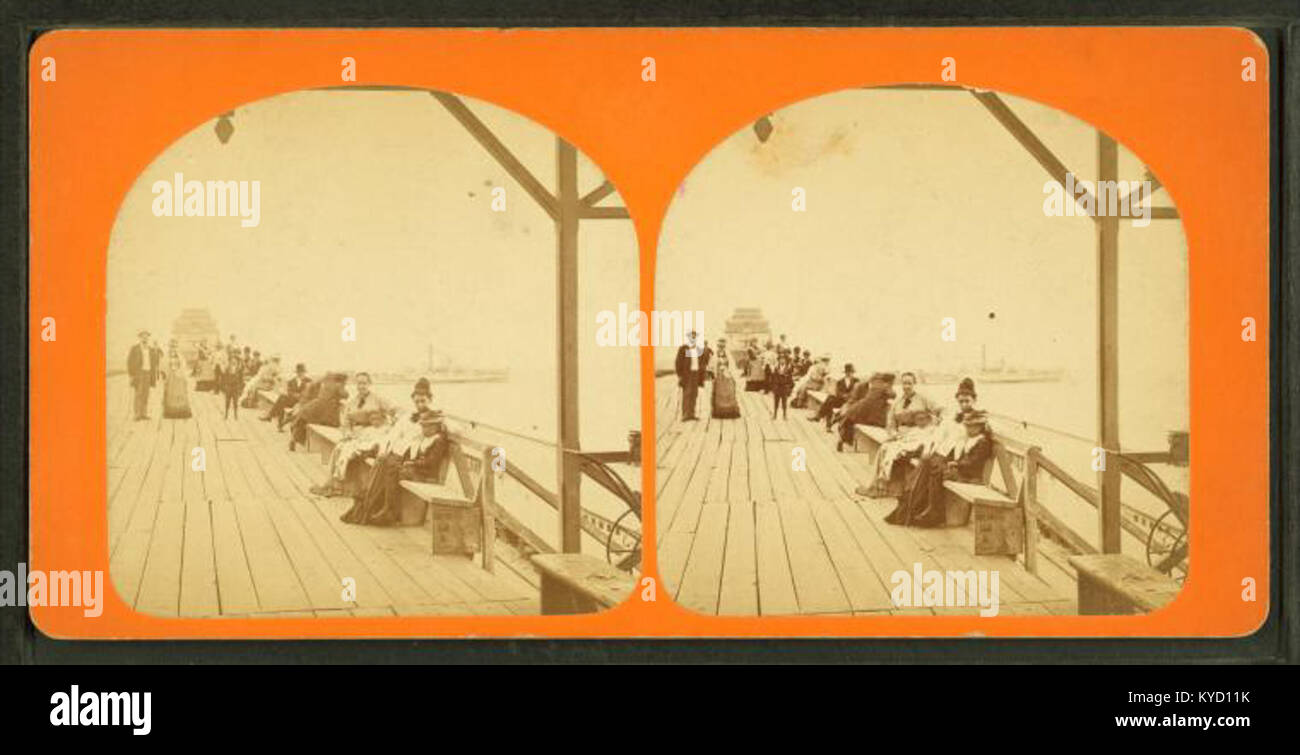 People standing and sitting on benches on the plank walk, from Robert N ...
