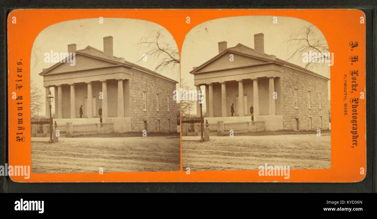 This image portrays Pilgrim Hall, created by artist A. H. Locke. The ...