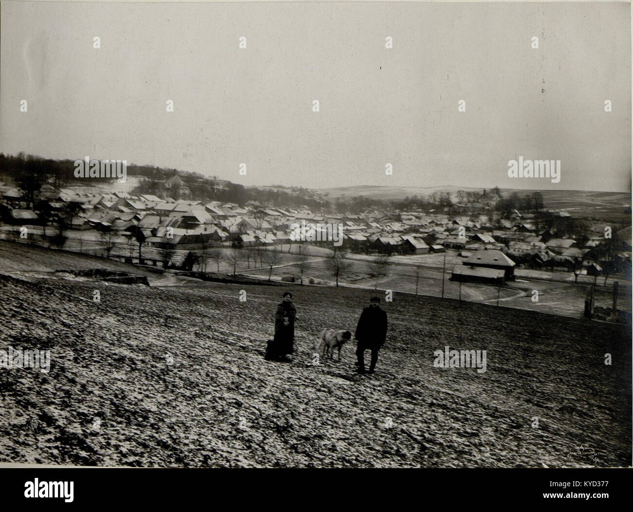 This historical image shows the Pilica River from the east side, with ...