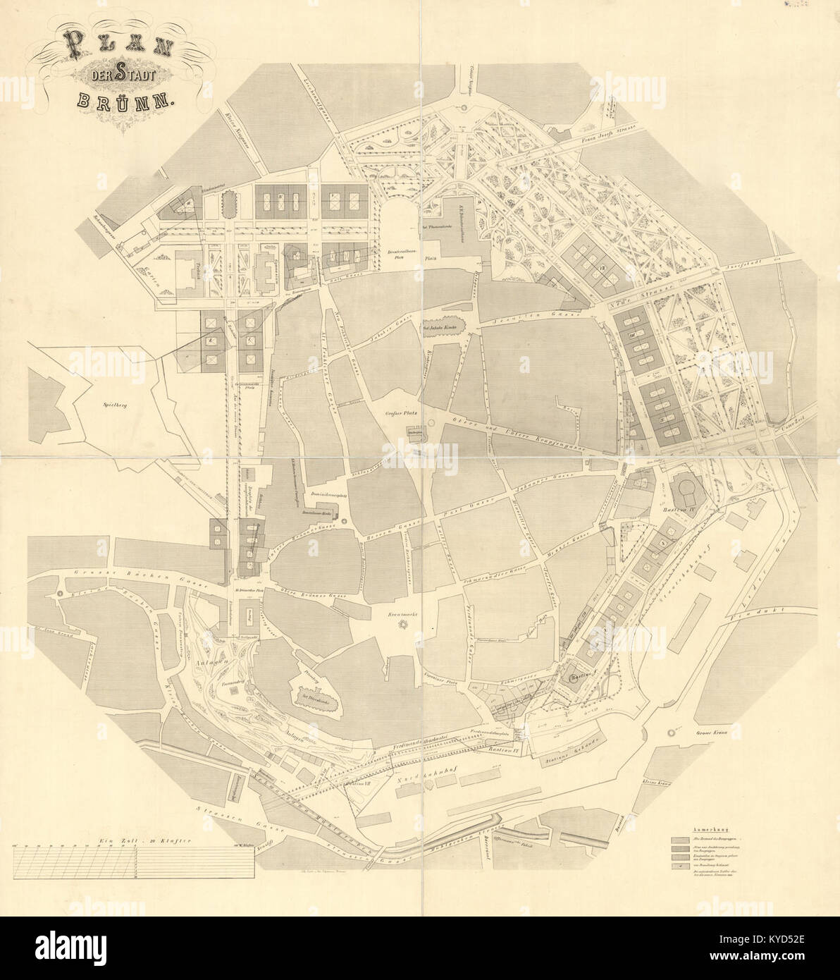 A detailed map of the city of Brno, created between 1860 and 1863 ...