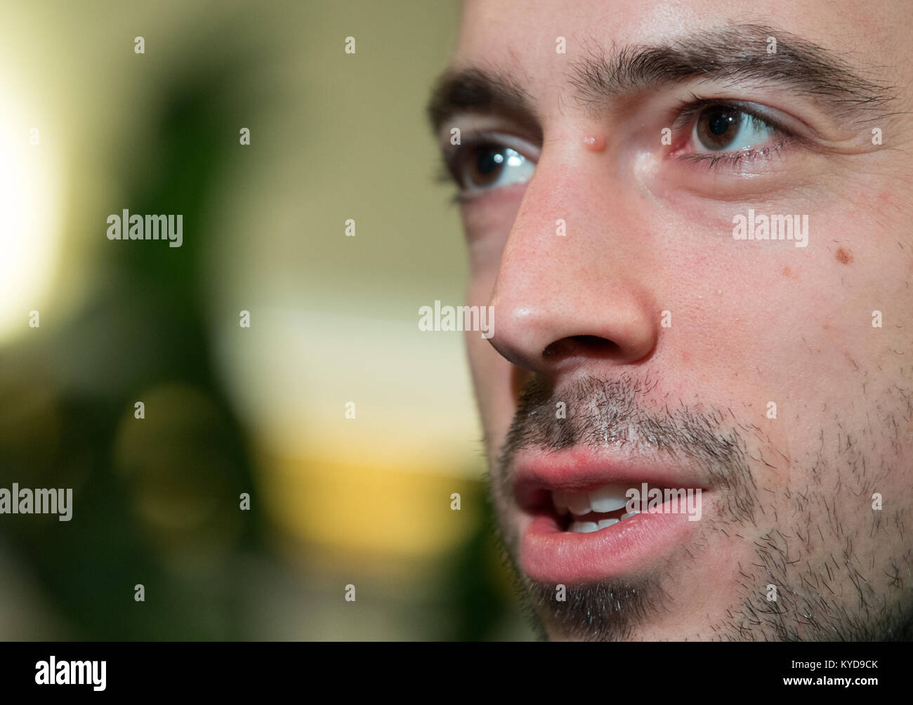 Zagreb, Croatia. 14th Jan, 2018. German national player Patrick Groetzki talks during a press ...