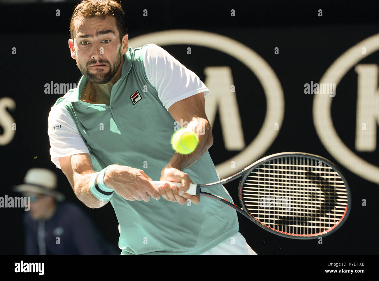 Melbourne, Australia. 15th Jan, 2018. Marin Cilic of Croatia hits a ...
