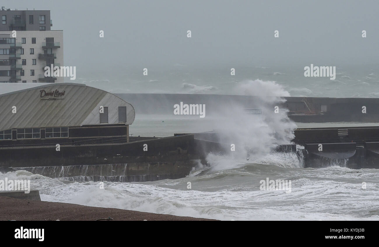 Brighton, UK. 15th Jan, 2018. Waves crash over Brighton Marina as gales ...