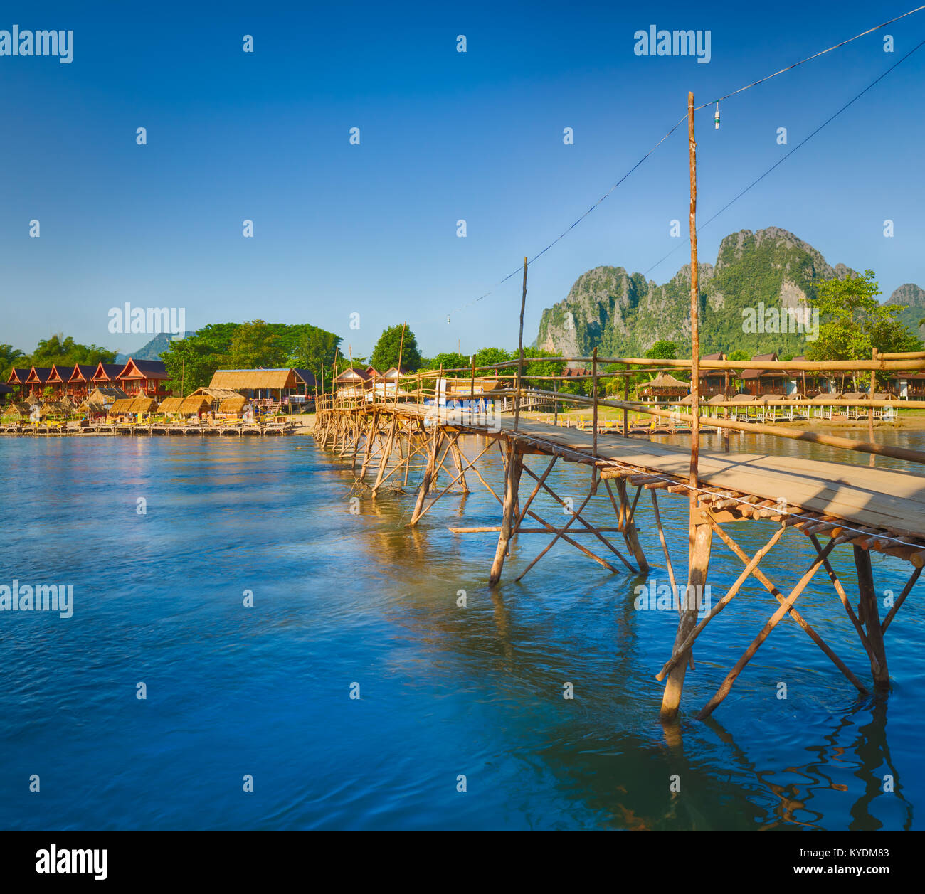 Beautiful view of a bamboo bridge.Vang Vieng. Laos landscape Stock ...