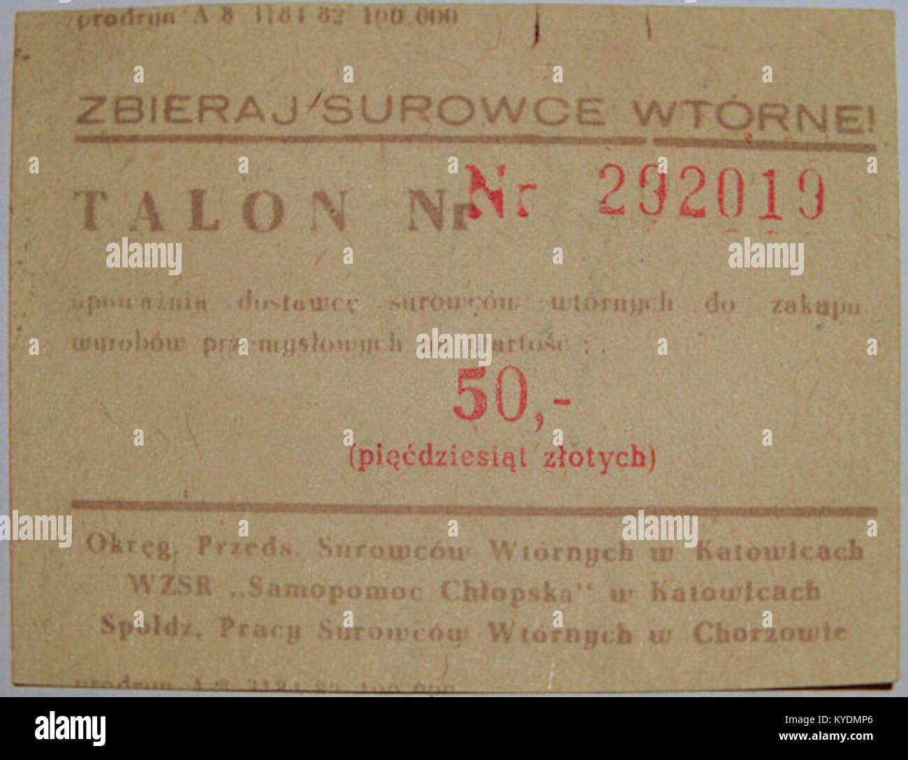The Surowce Wtórne Talon 50 Zlotych is a mid-20th-century Polish ...