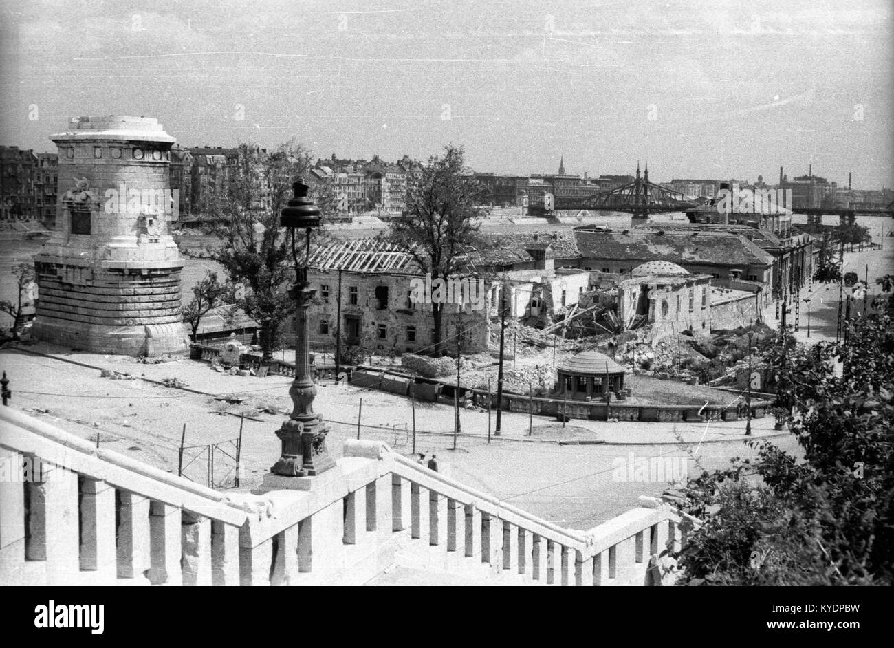 A photograph showing the statue of Saint Gellért with the Rudas Baths ...