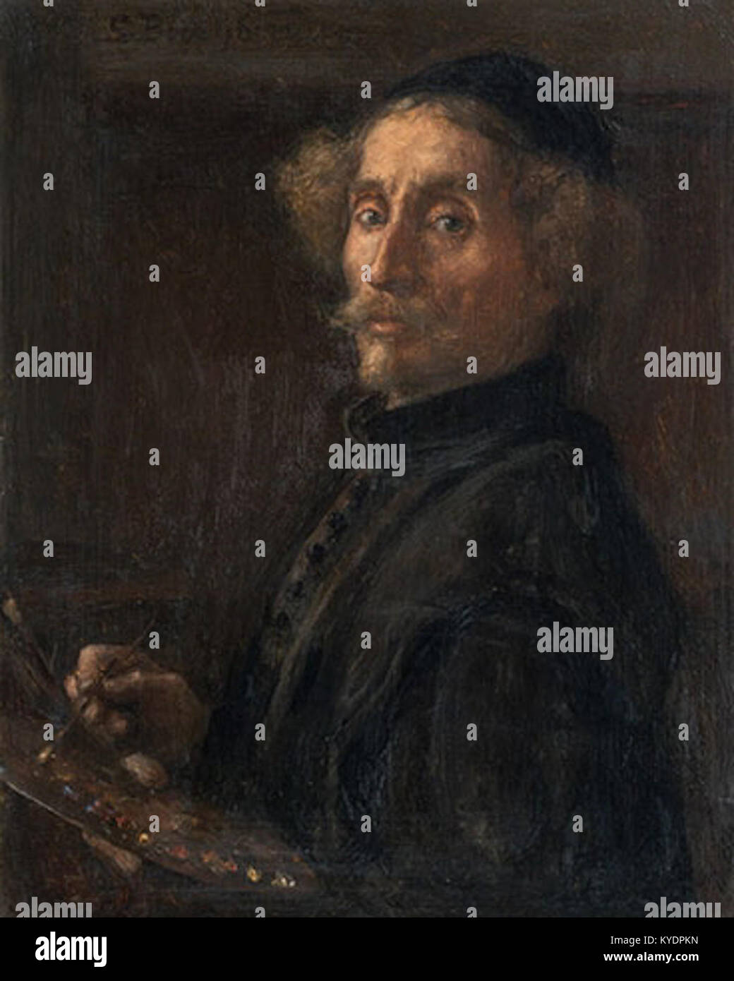 A portrait of Szymon Buchbinder, a painter, captured with his palette ...