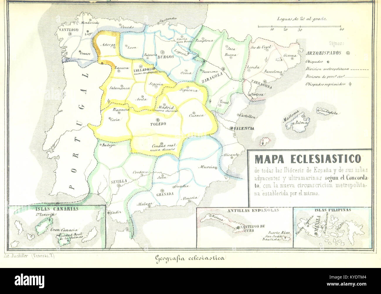 This 1857 ecclesiastical map of Spain and its adjacent and overseas ...