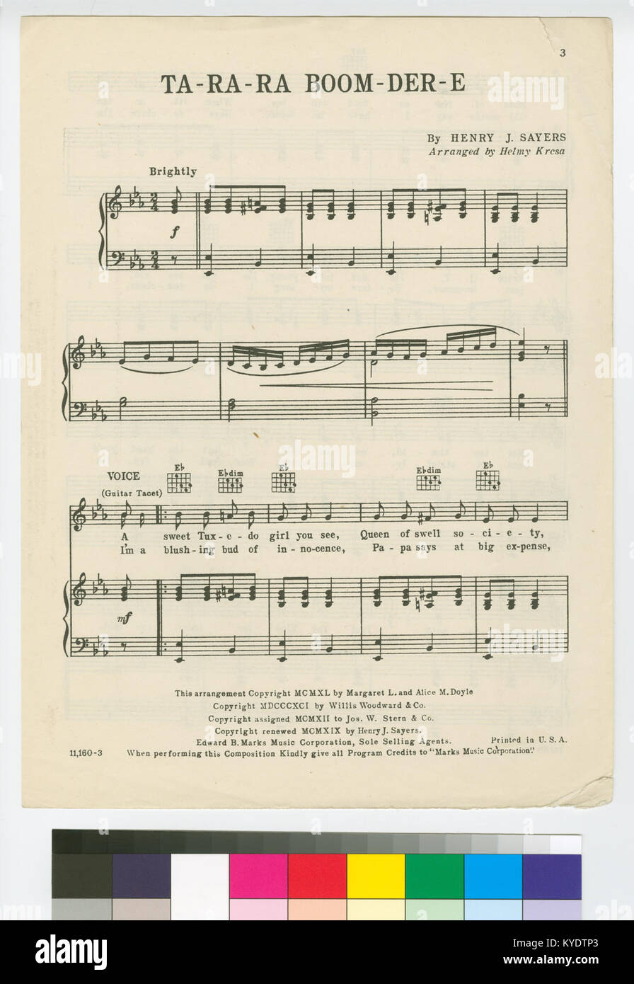 Sheet music cover for the popular 1891 song 'Ta-ra-ra Boom-de-ay,' an ...