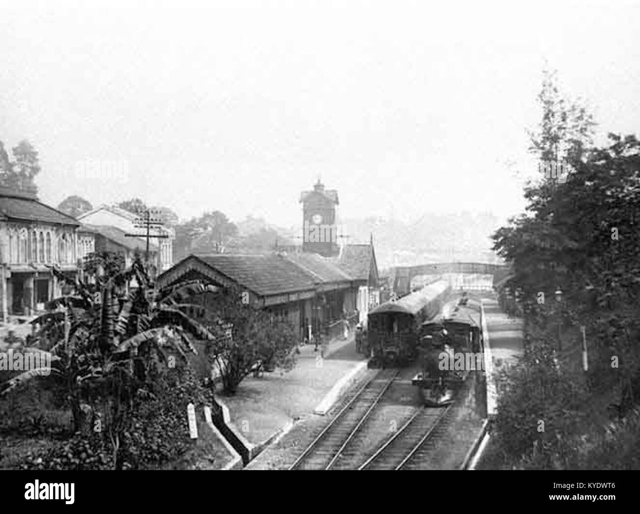 A historical photograph showing Tank Road Station in Singapore with a ...