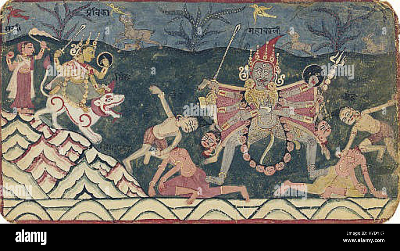This artistic representation shows Mahakali, a blue-skinned deity with ...