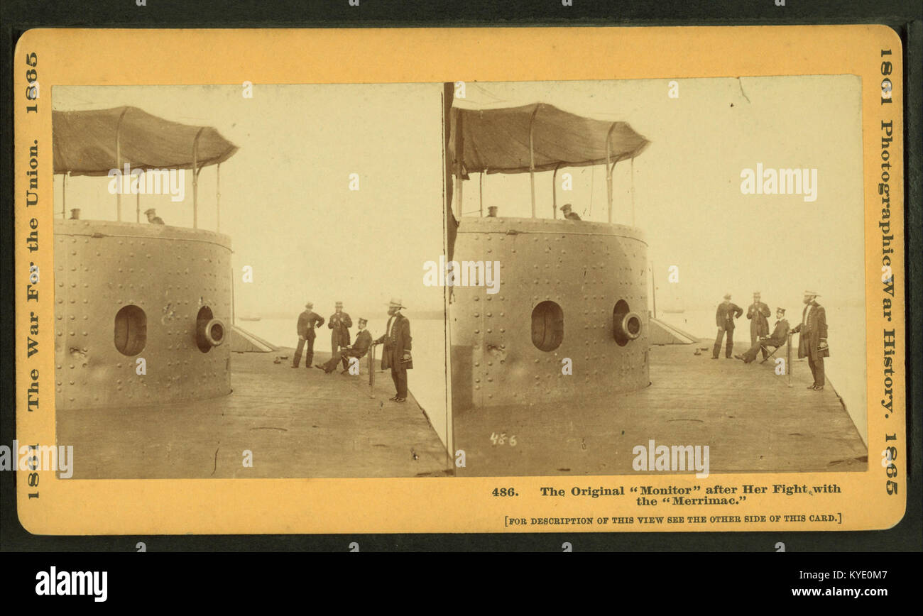 This historical image depicts the ironclad USS Monitor after its famous ...
