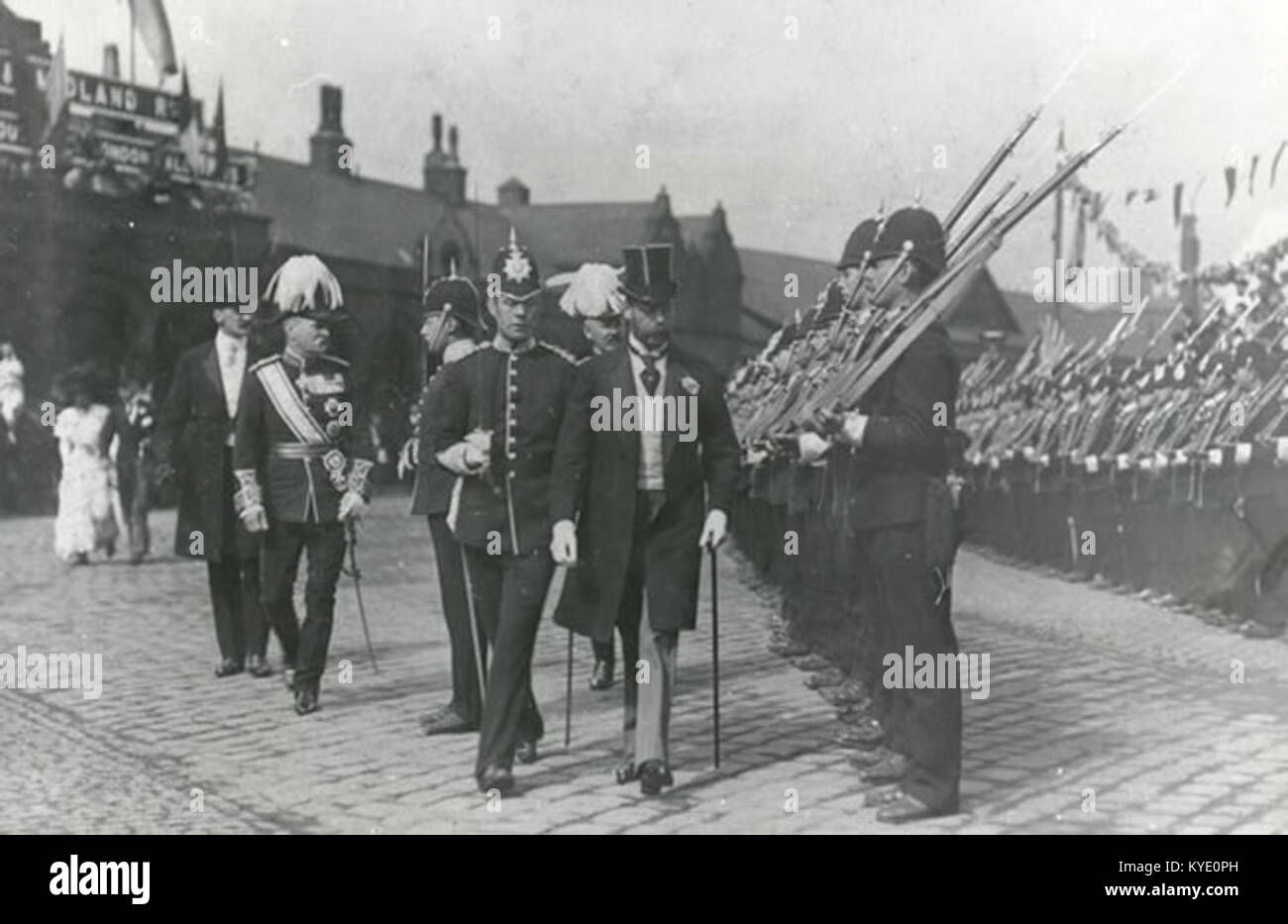 A 1908 photograph showing the Prince of Wales inspecting the guard of ...