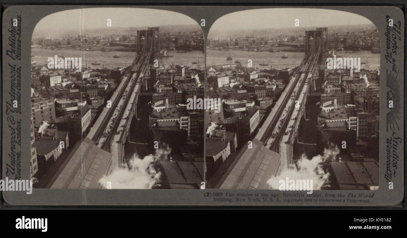 This stereoscopic view shows the Brooklyn Bridge spanning the East ...