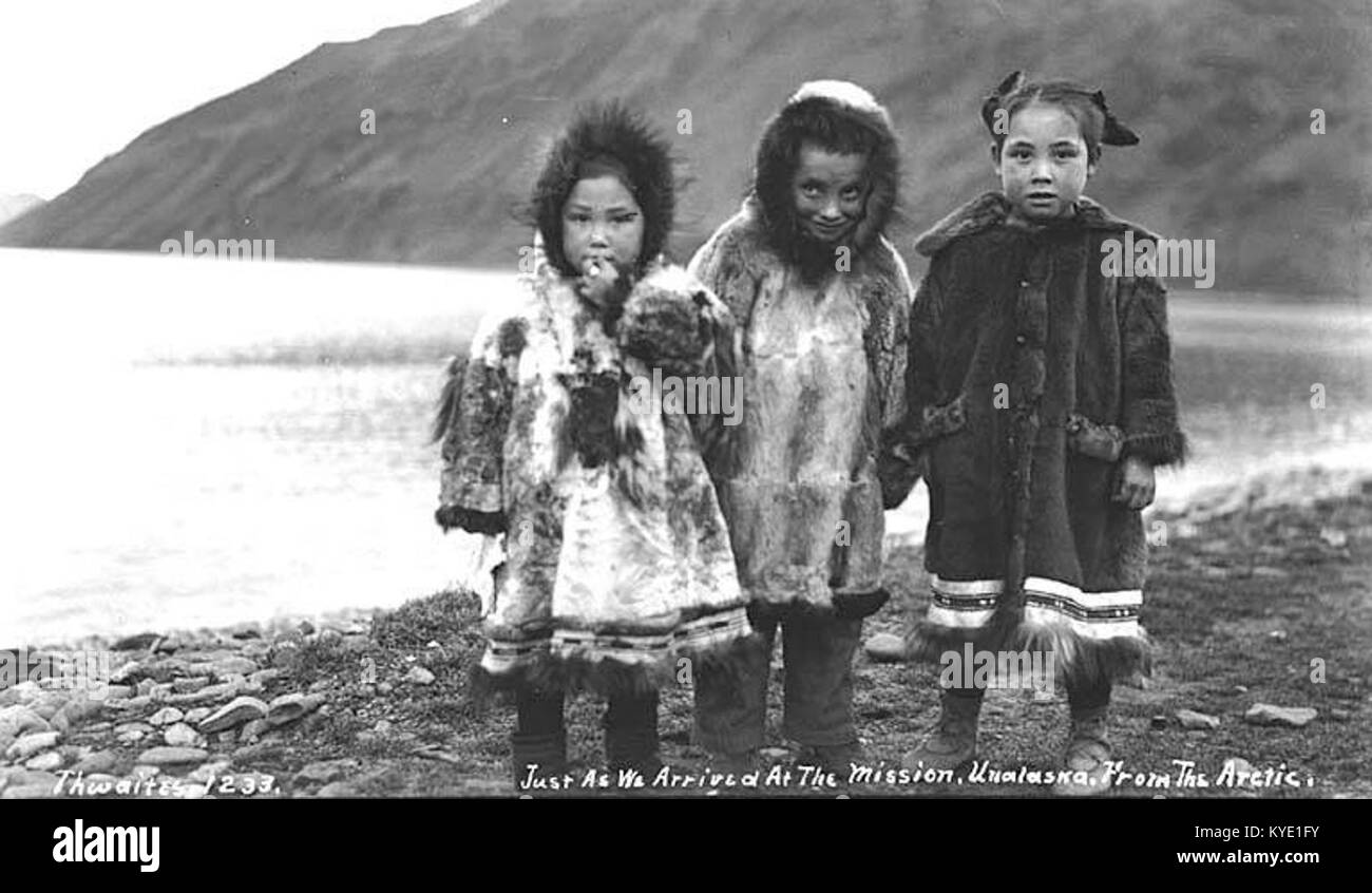 Three Eskimo children in fur parkas, Unalaska, ca 1912 (THWAITES 230 ...