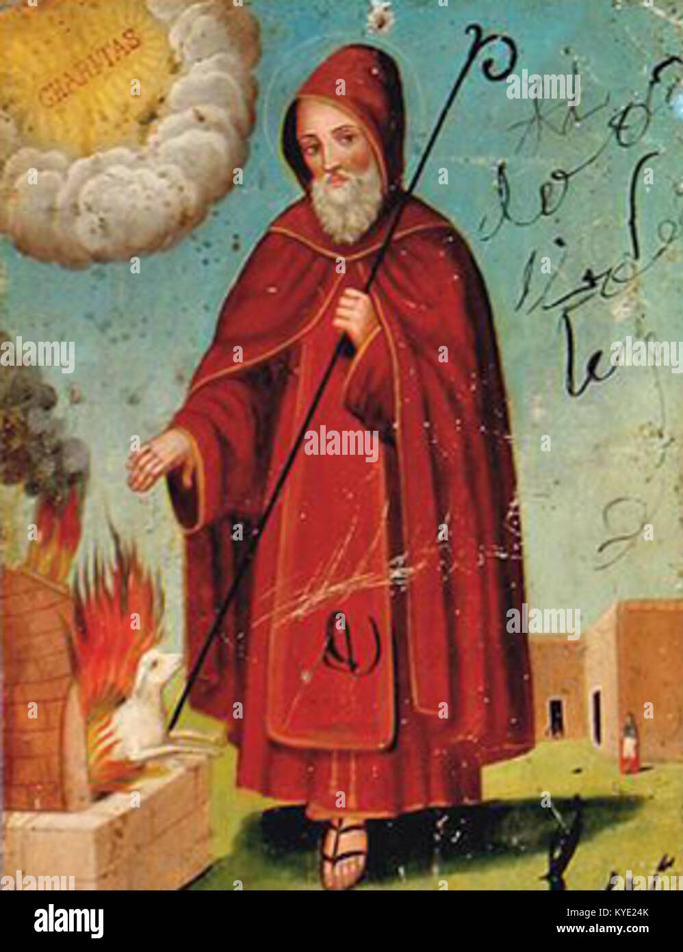 A tin retablo painting depicting Saint Francis of Paula, created in ...