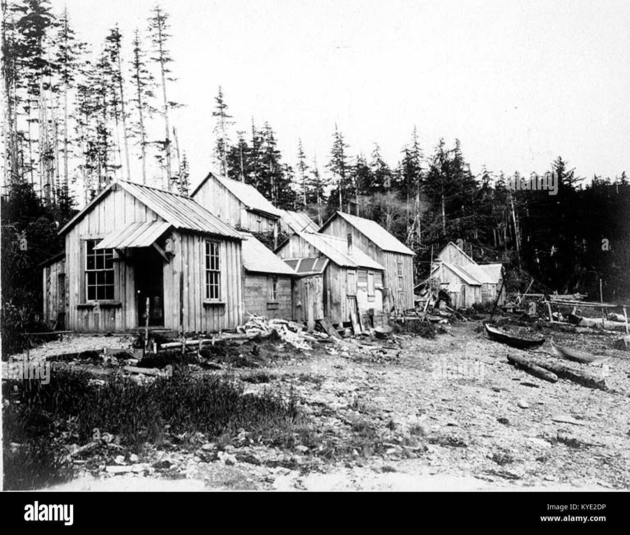 A photograph showing Tlingit Native American houses and canoes at Tee ...