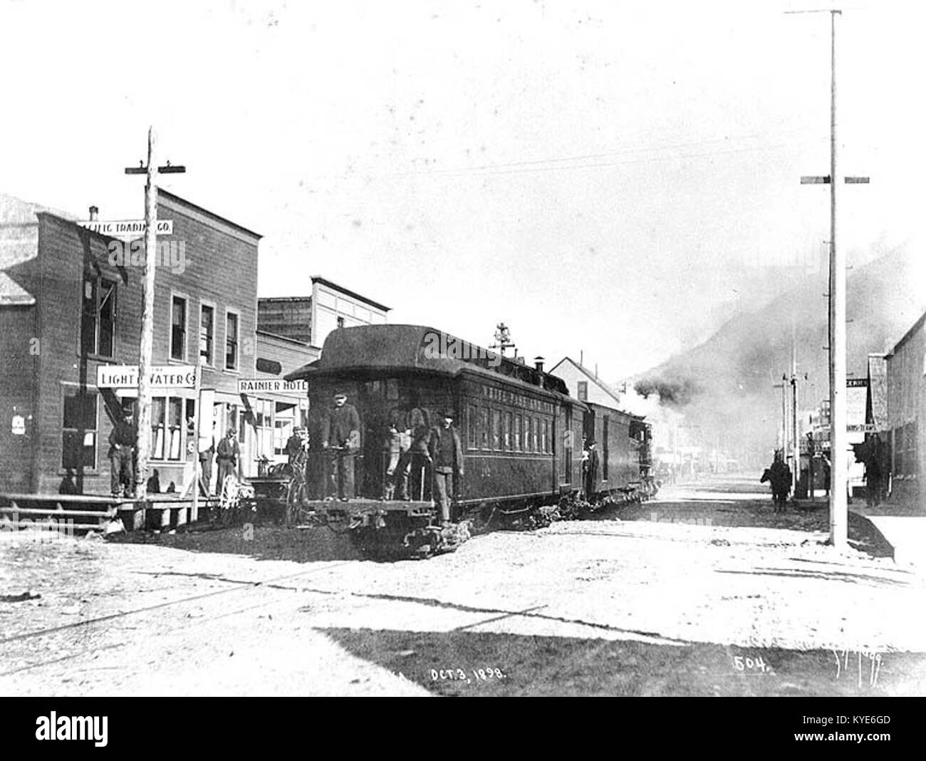 This historic image captures a train from the White Pass & Yukon ...