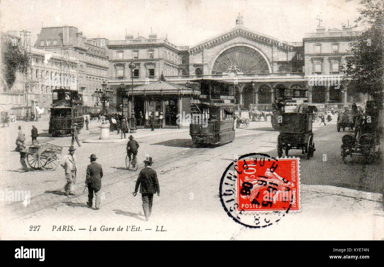 Photograph from 1908 depicting the Gare de l'Est in Paris with the ...