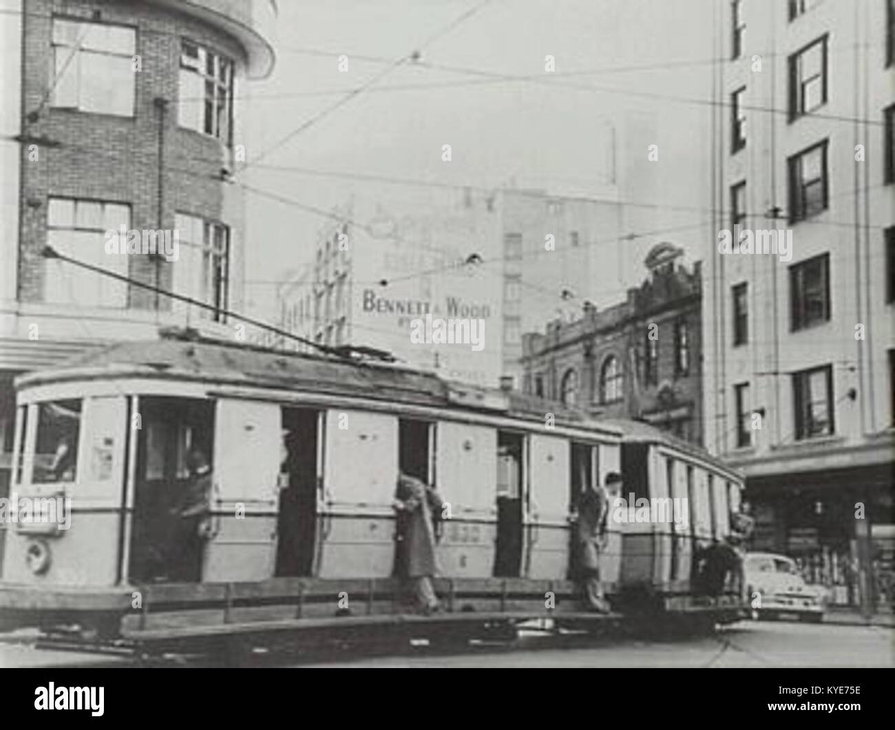 This photograph captures a tram at the corner of Pitt and Park Street ...