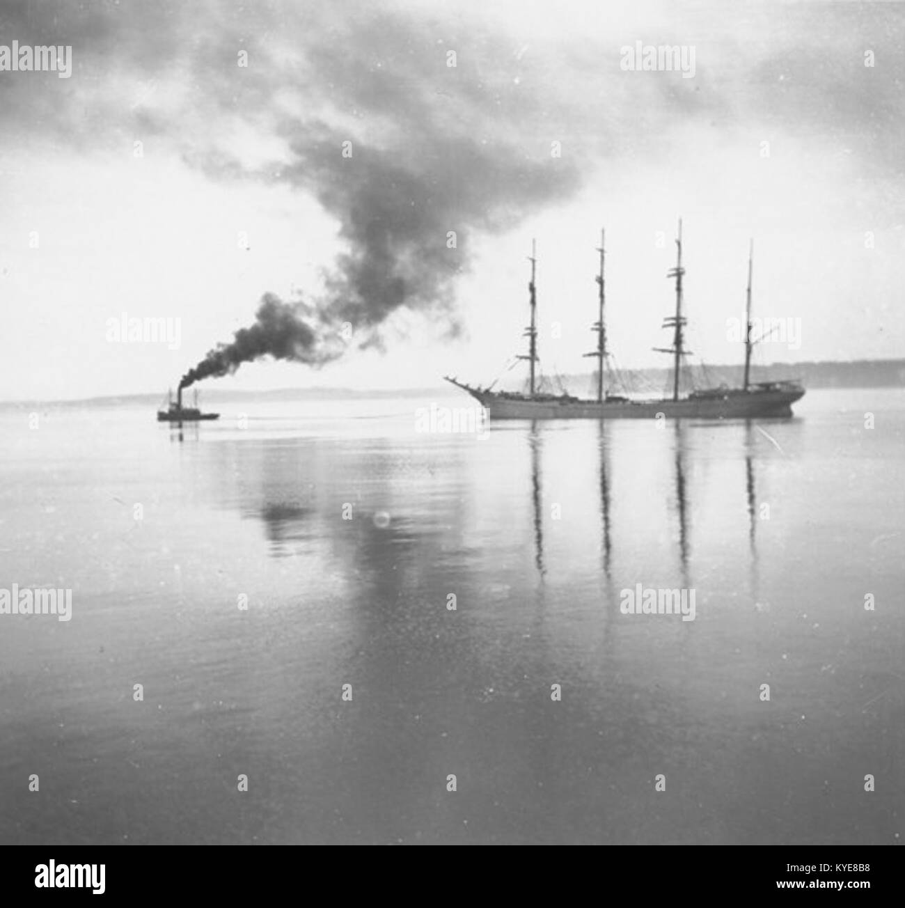 Tugboat towing four masted bark on Puget Sound, Washington, June 9 ...