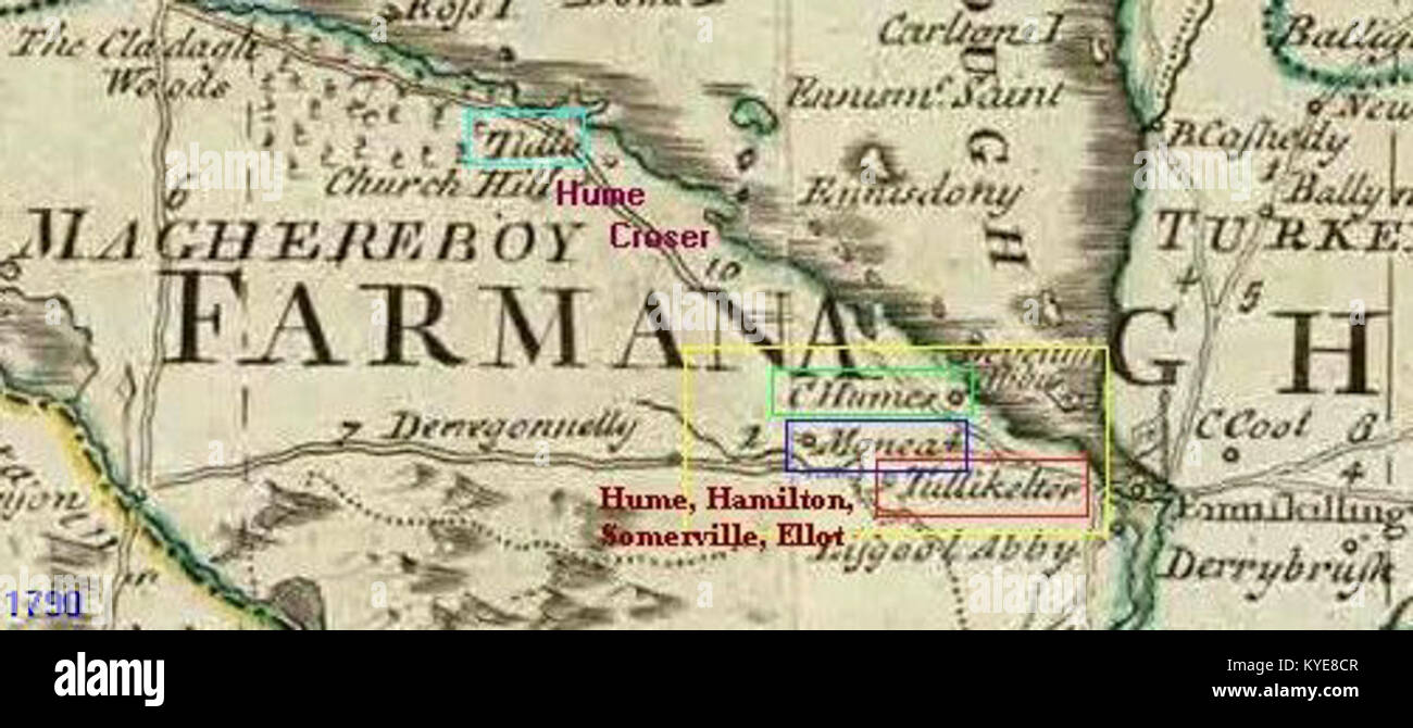 This 1790 map shows the region around Tully, Hume, and Monea Castles in ...