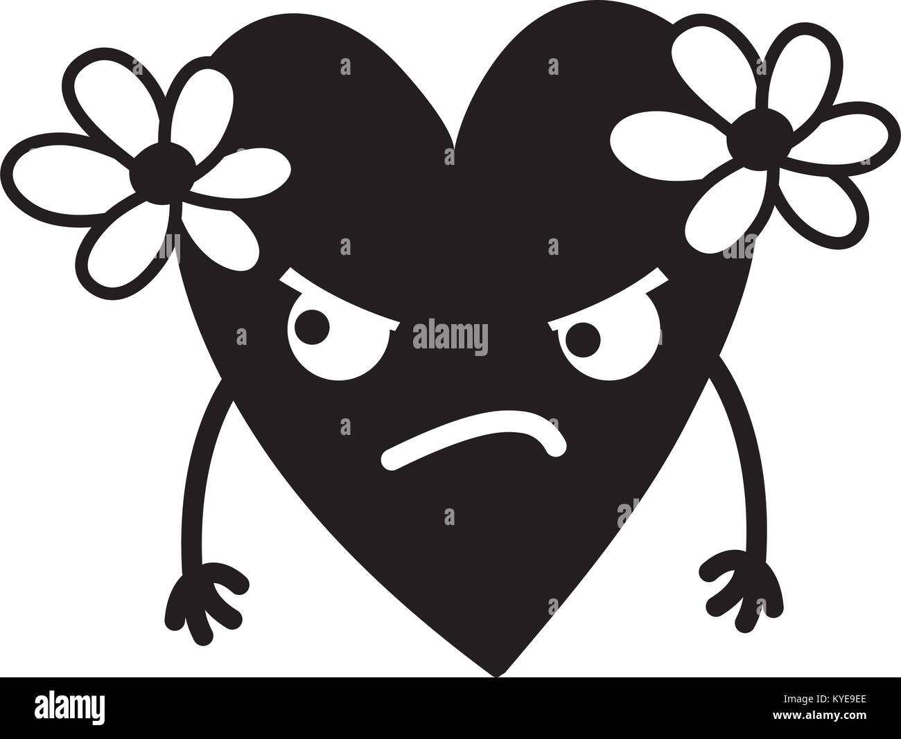 contour angry heart with flowers kawaii cartoon Stock Vector Image ...