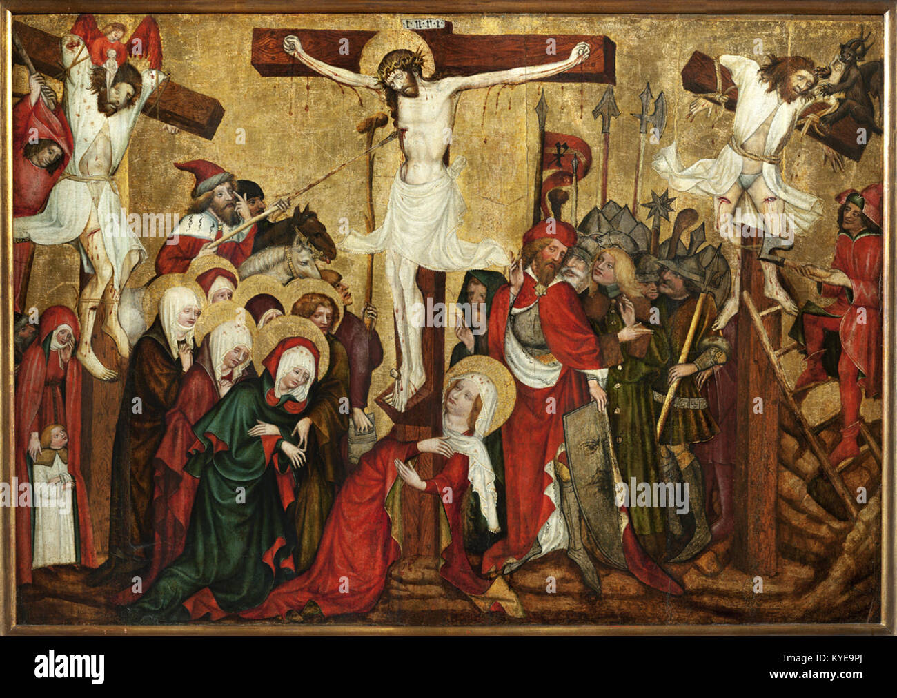 The Crucifixion scene from Nové Sady, created by the Master of the Rajhrad Altarpiece, is a ...