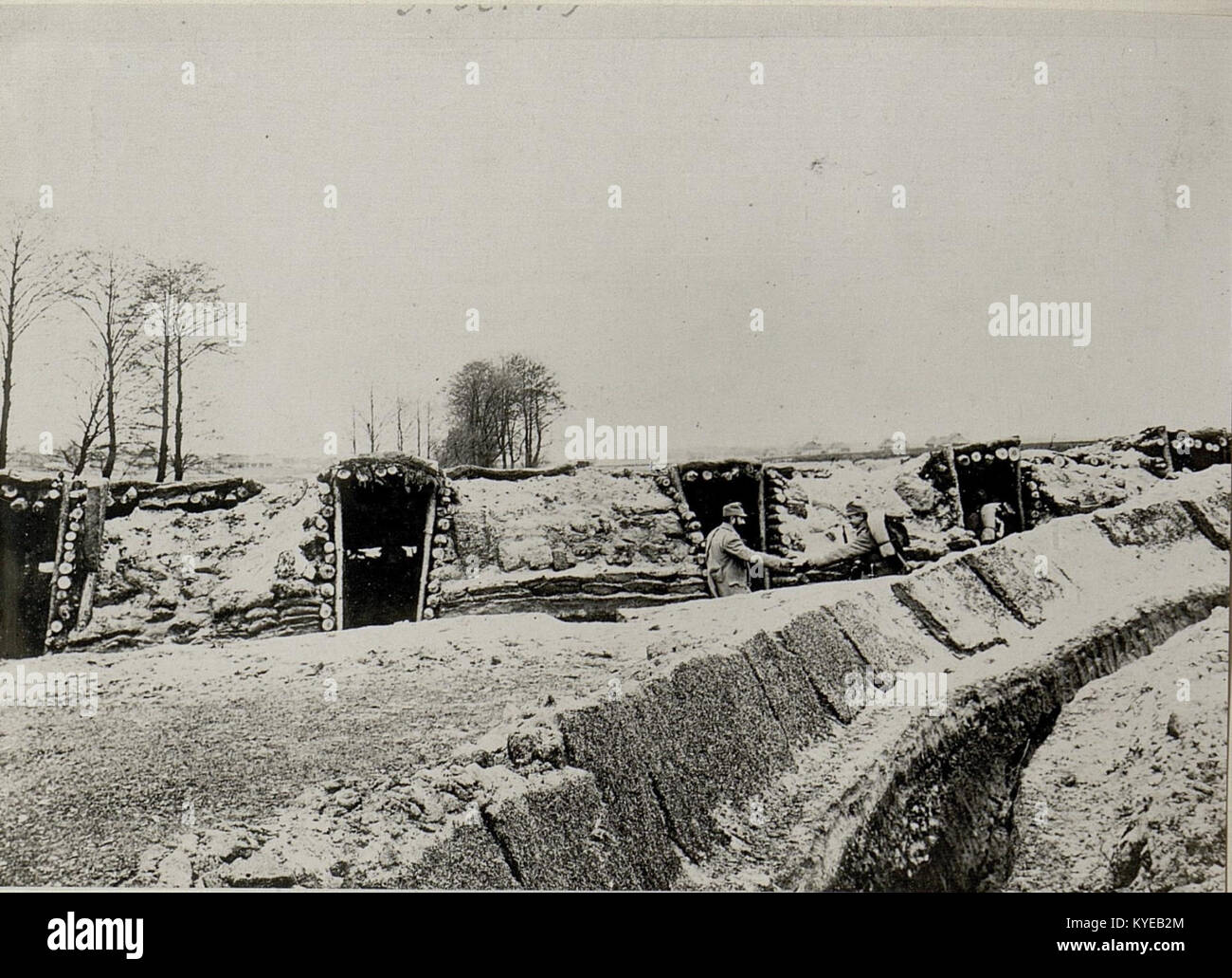 A historical photograph depicting the trenches and shelters in the ...