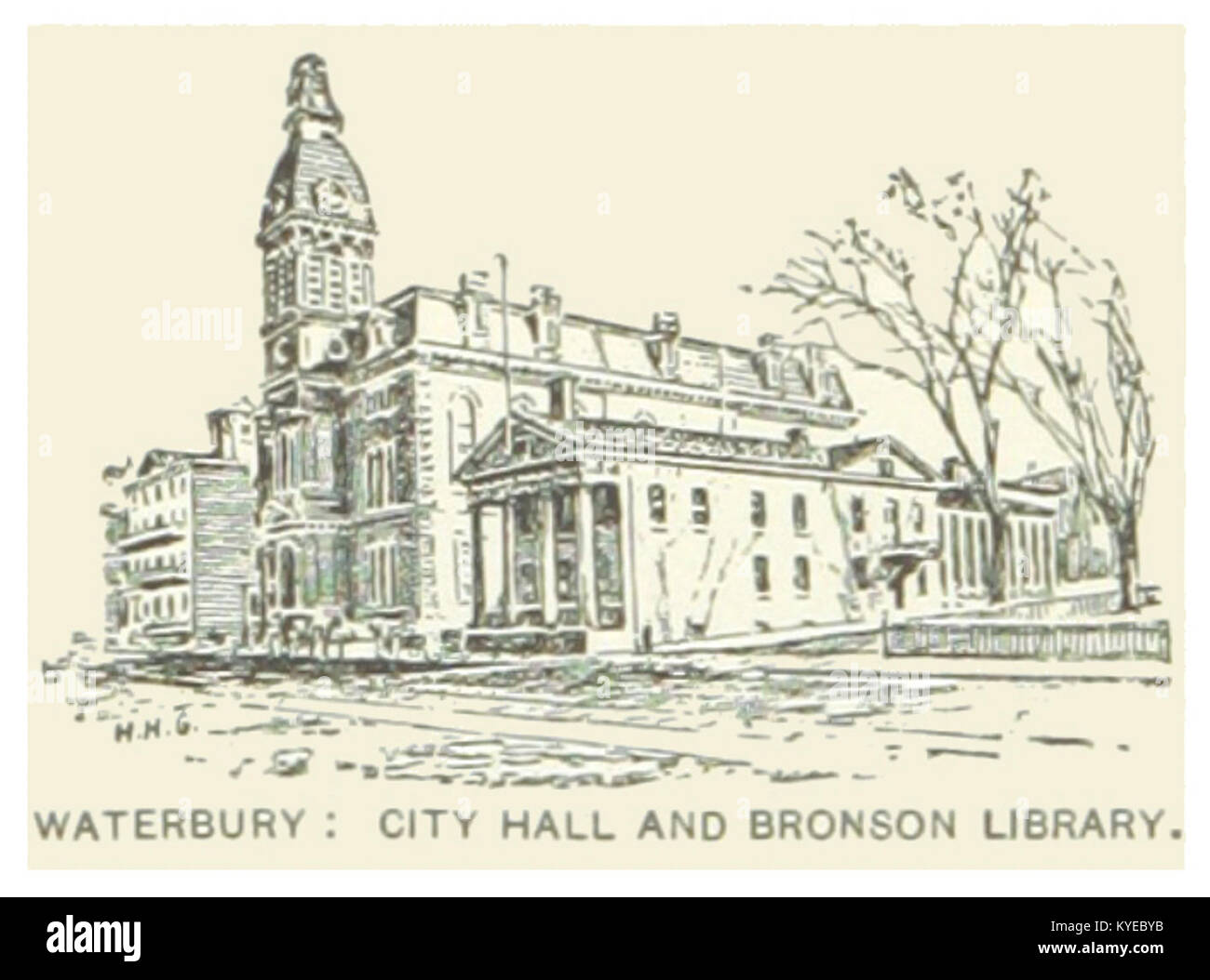 This image shows the city hall and Bronson Library in Waterbury ...