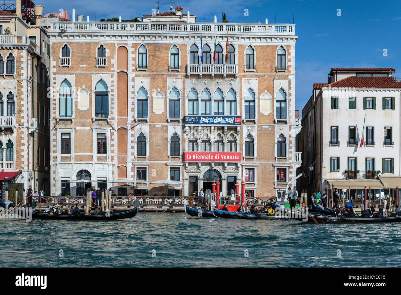 Canal side buildings and gondolas along the Grand Canal in Veneto ...