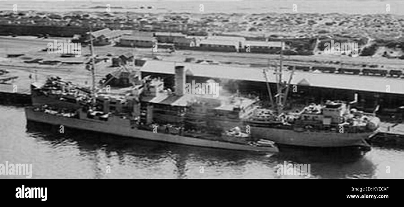 The USS Black Hawk (AD-9), a naval auxiliary ship, is seen here with a ...