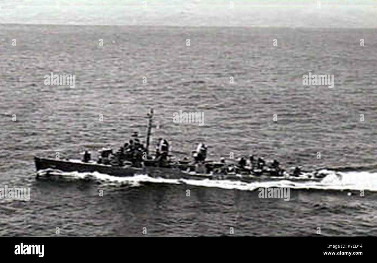 The USS Mullany (DD-528), a Fletcher-class destroyer, is shown underway ...