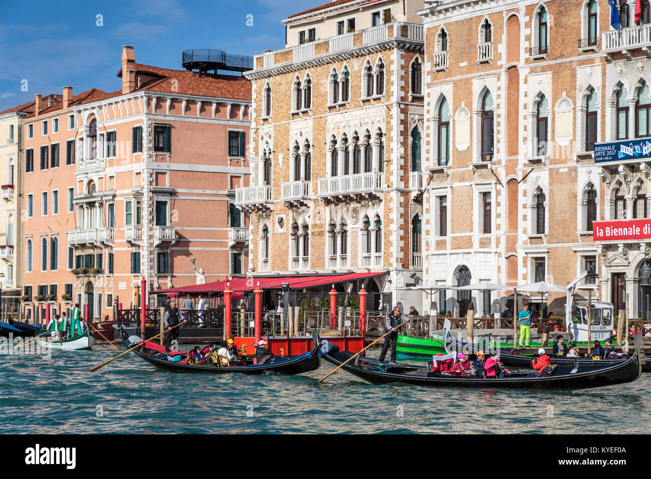 Canal side buildings and gondolas along the Grand Canal in Veneto ...