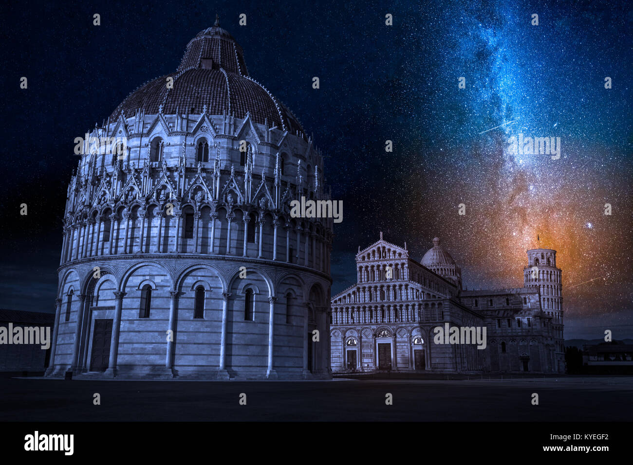 Ancient monuments in Pisa at night with stars, Italy Stock Photo - Alamy