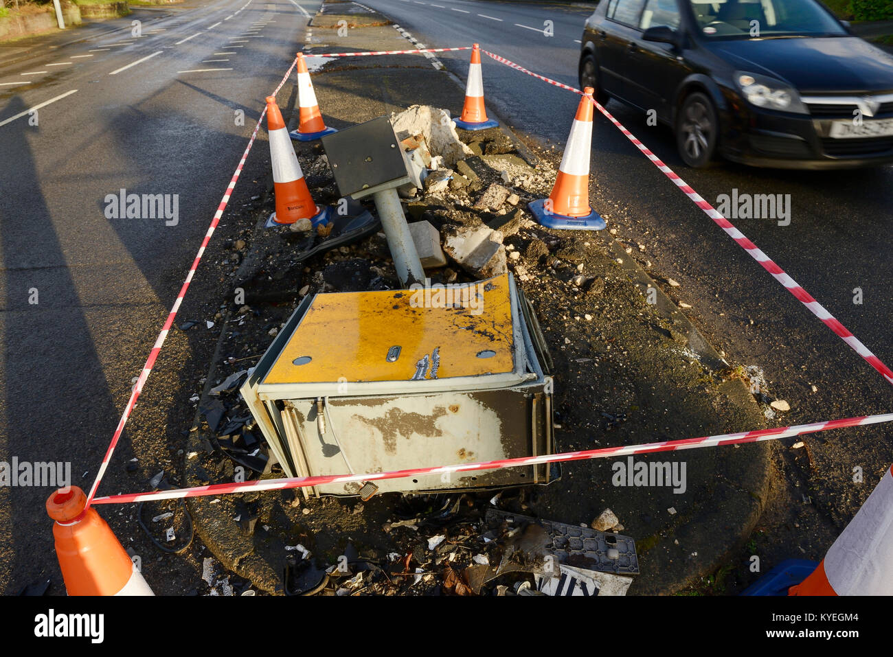 Damaged traffic speed camera in the central reservation of a dual ...