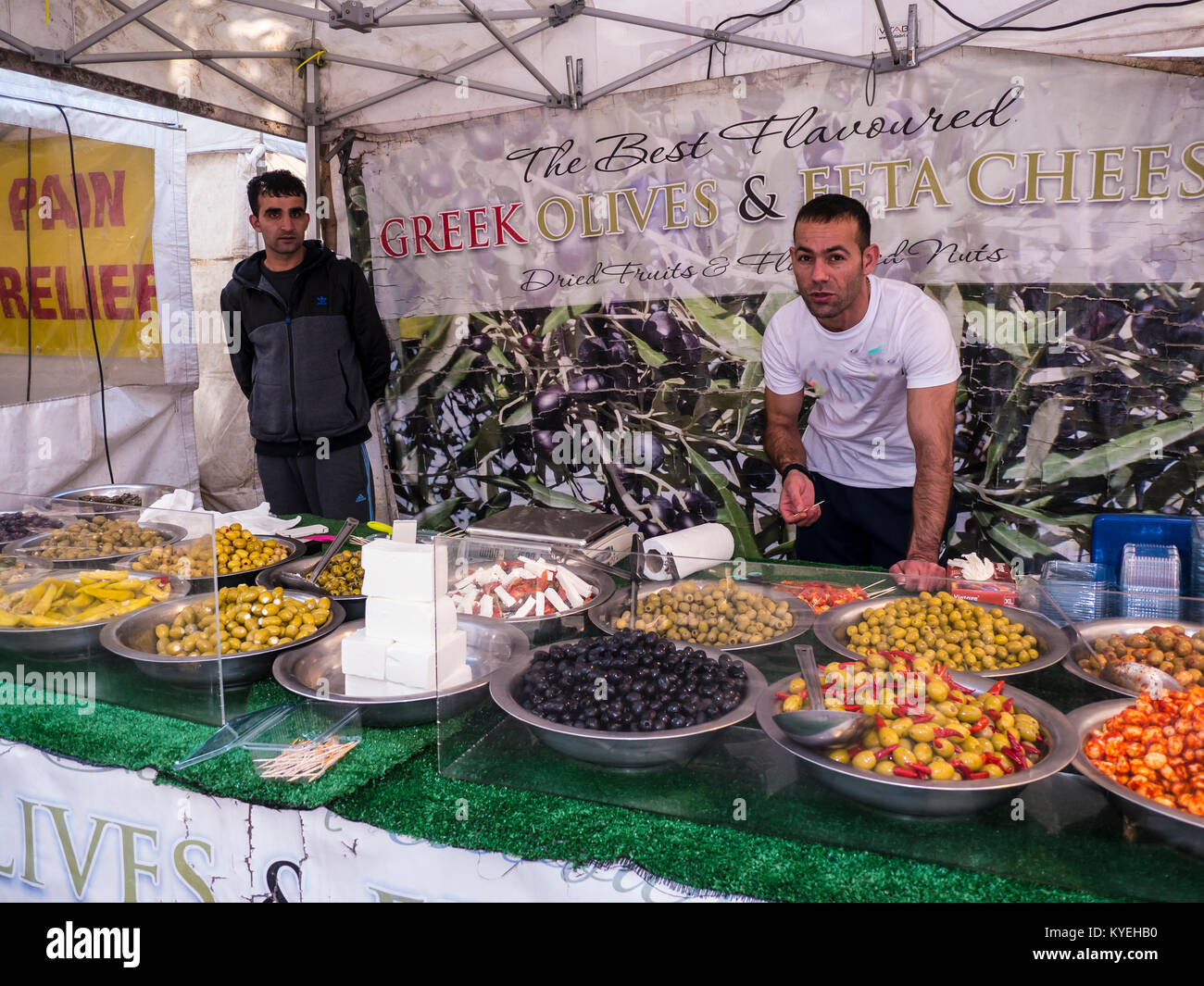 Greek Cheese stall on the Market in the town of Keswick in the Lake ...