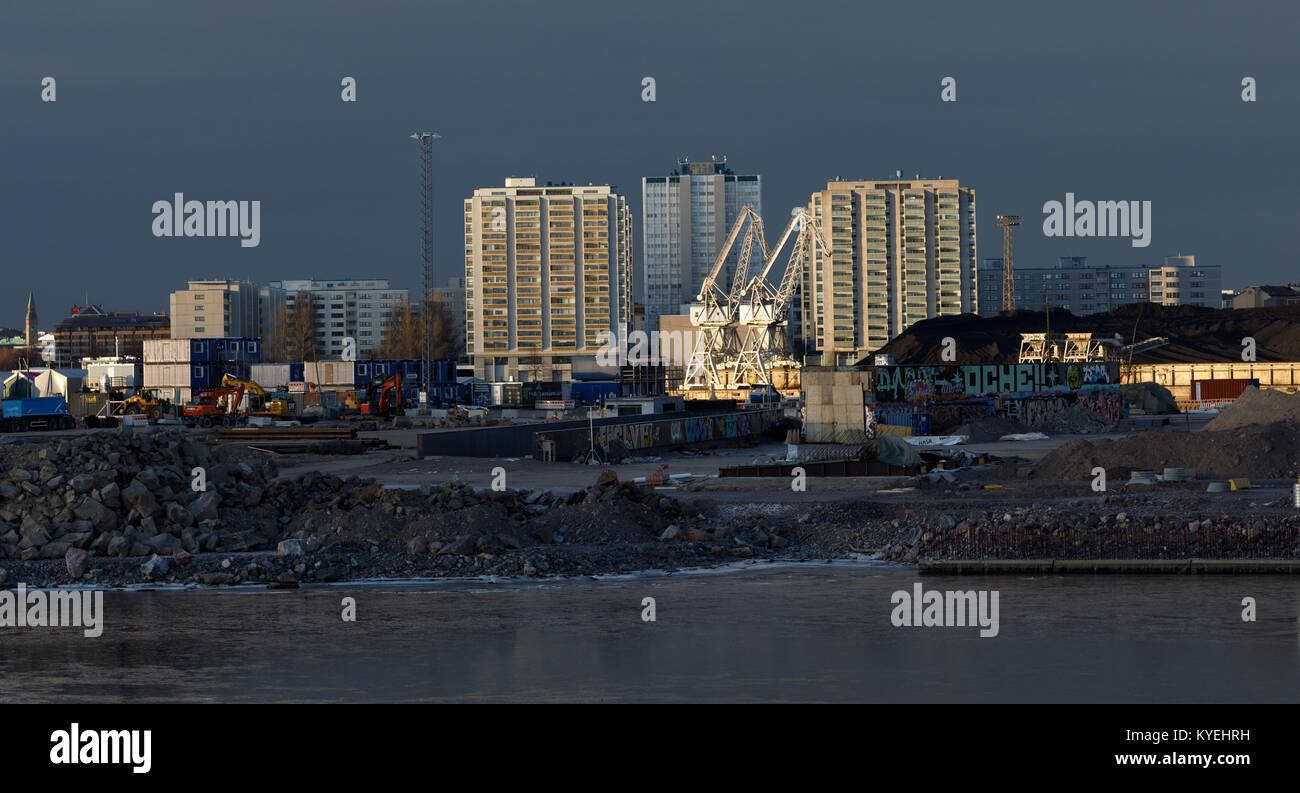 January morning sun shines on the apartment buildings of Hakaniemi ...