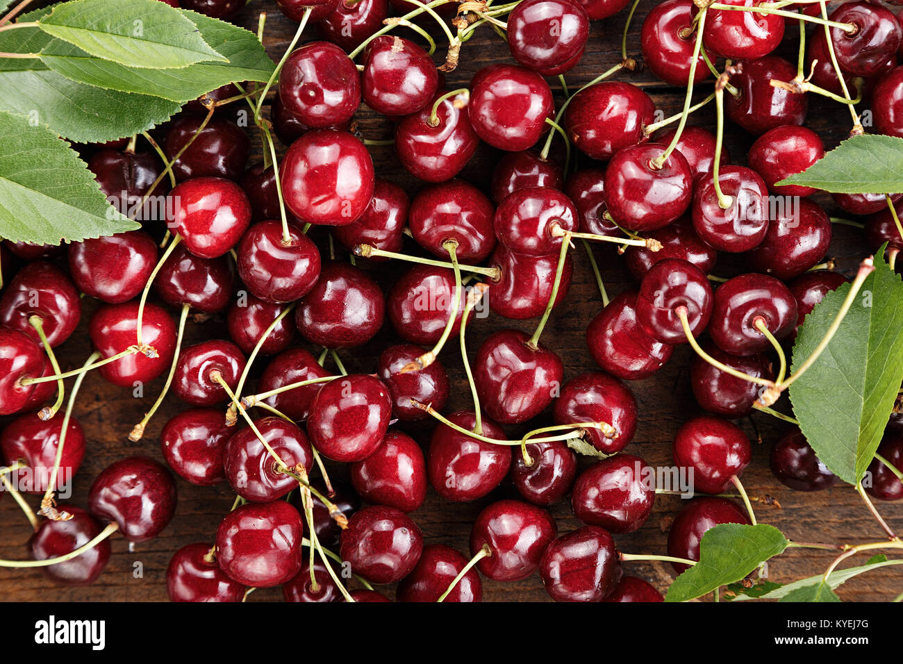 Red sweet cherry with leaves, summer background, place for text Stock ...