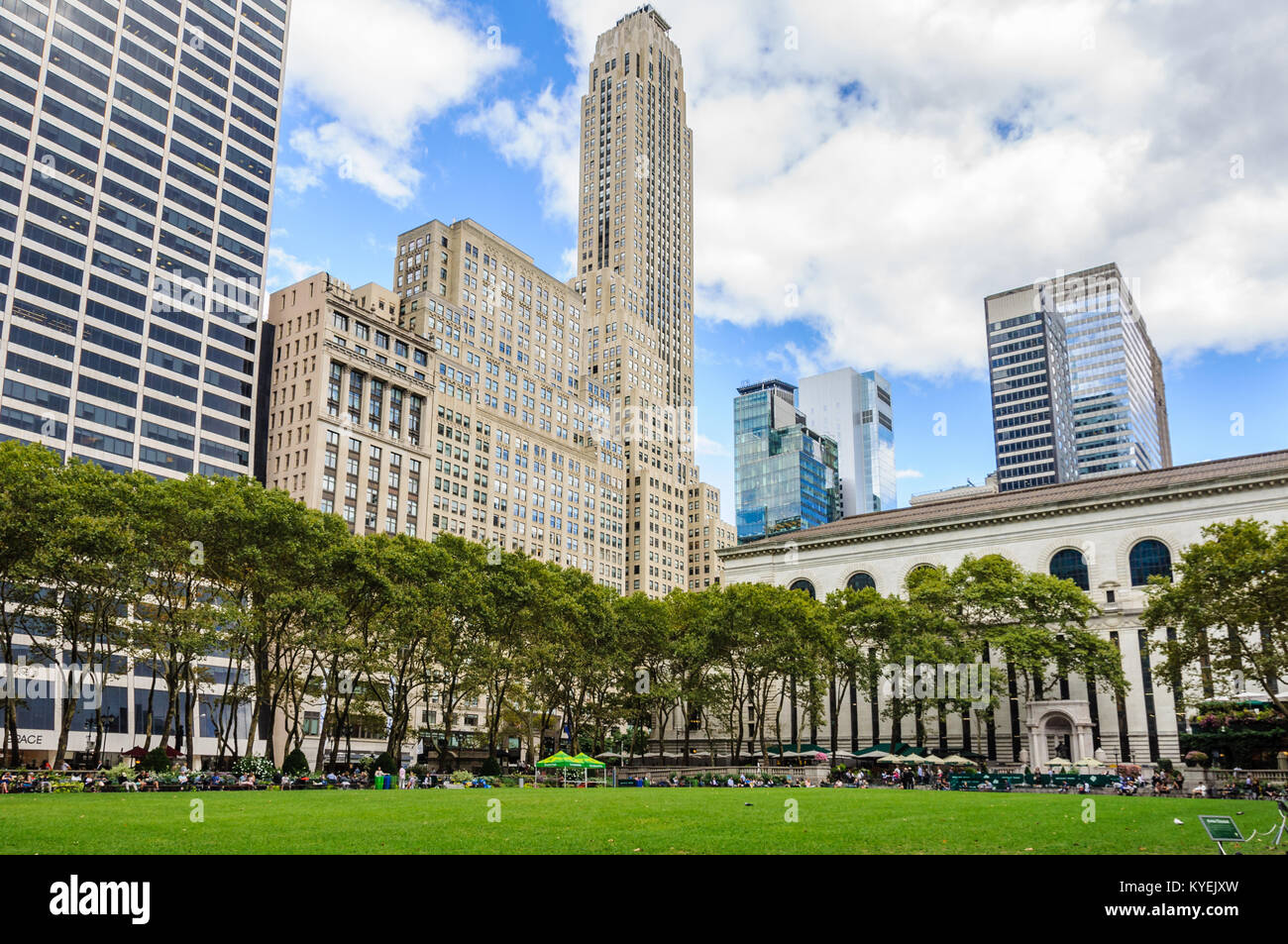 Buildings around Bryant Park, one of the most vivid parks in NYC, USA ...
