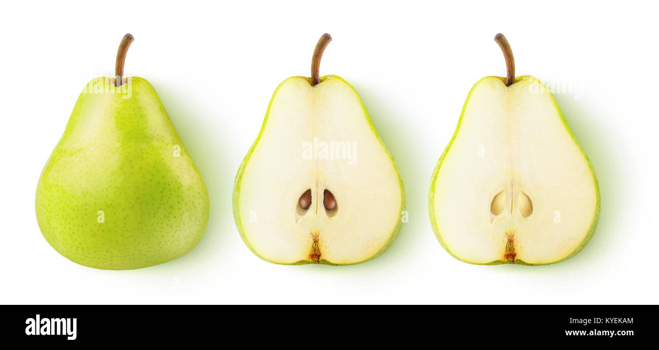 Isolated pears. Whole yellow green pear fruit and two halves in a row ...