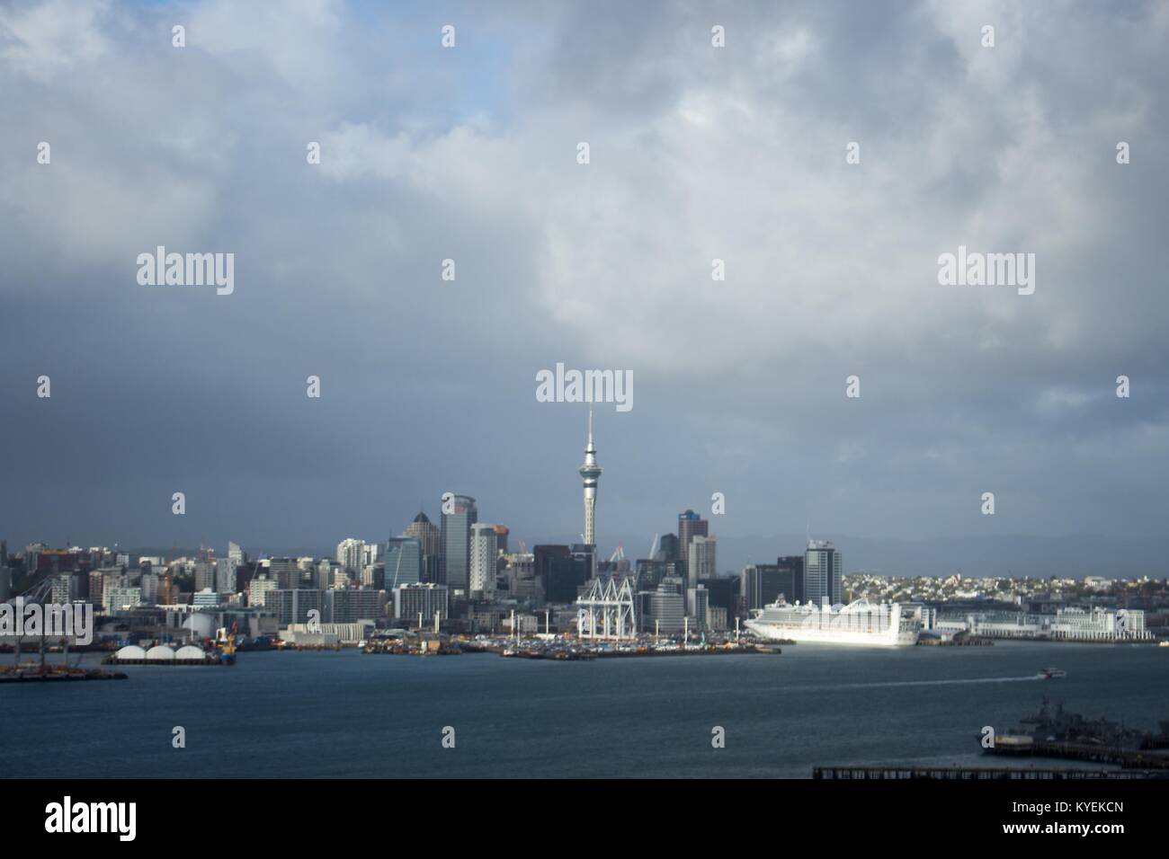 Urban skyline of Auckland, New Zealand, including the Sky Tower and ...