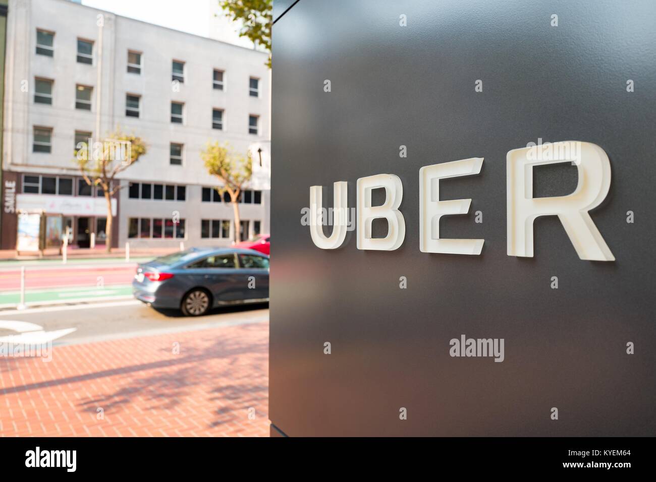 Sign with logo at the headquarters of ride-sharing technology company ...