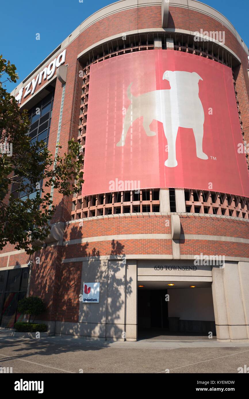 Sign with logo at the headquarters of social gaming company Zynga in the South of Market (SoMa ...