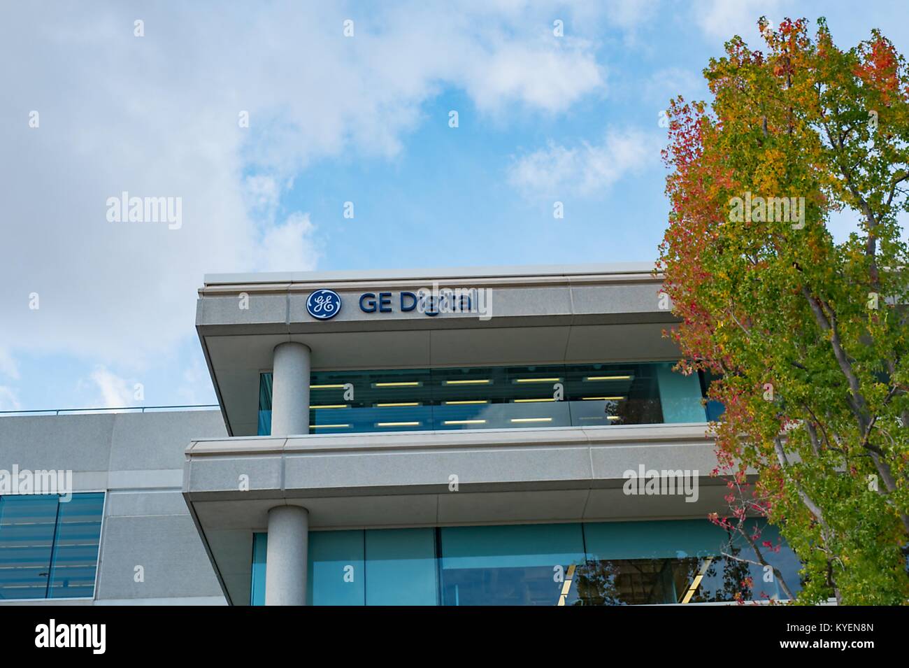 Sign on facade of headquarters of GE Digital, a division of General ...