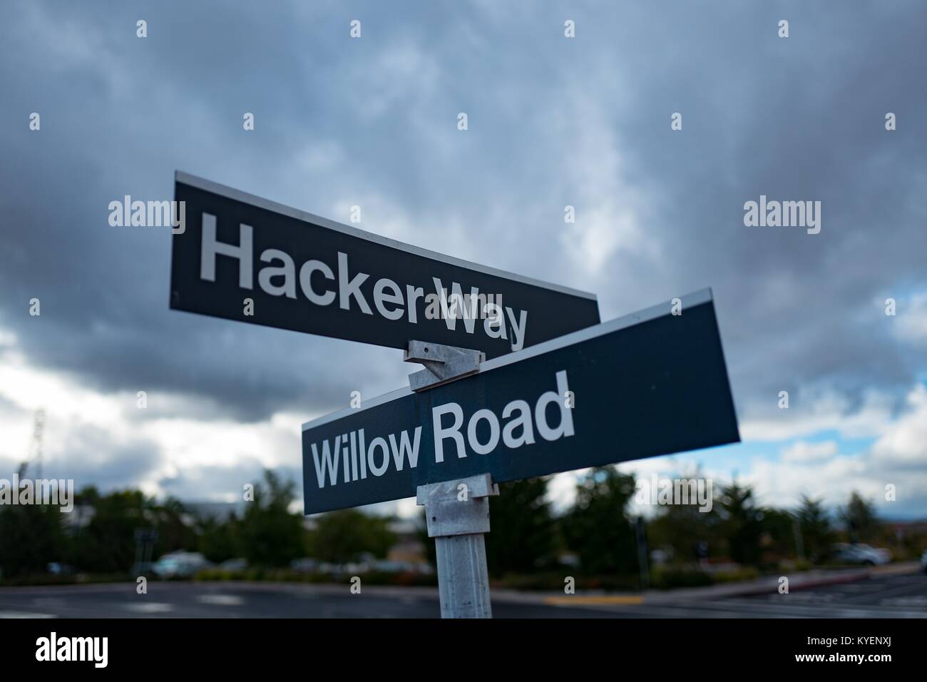 Road sign for Hacker Way and Willow Road, at the headquarters of social ...