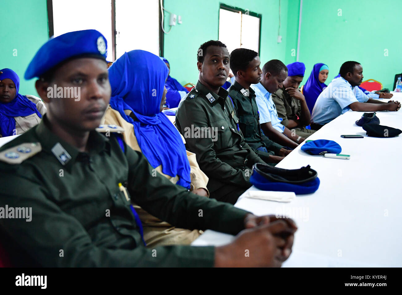 This photograph shows Somali police officers attending the closing ...
